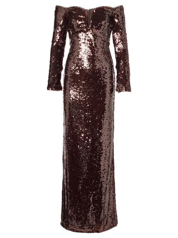 SELF-PORTRAIT Off-shoulder Sequin Gown - Brown