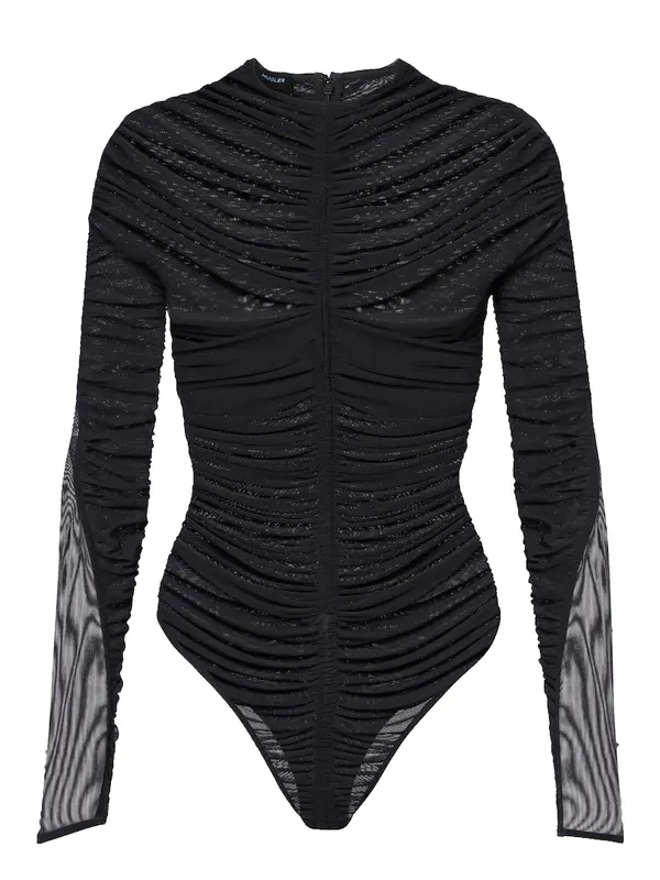 MUGLER Sheer Ruched Bodysuit - Black