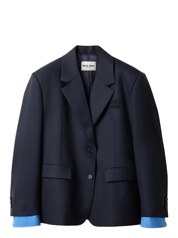 Miu Miu Logo Embroidered Wool Blazer - Navy