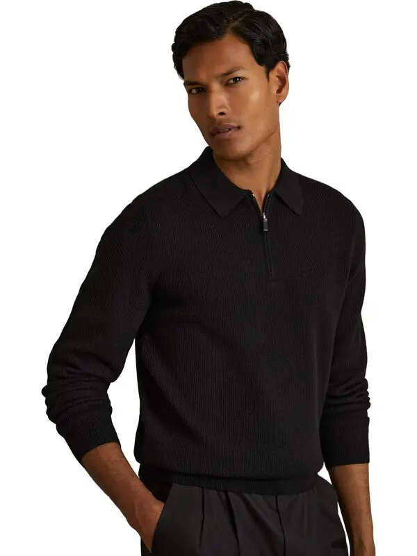 REISS Wool Half-zip Polo Shirt - Black