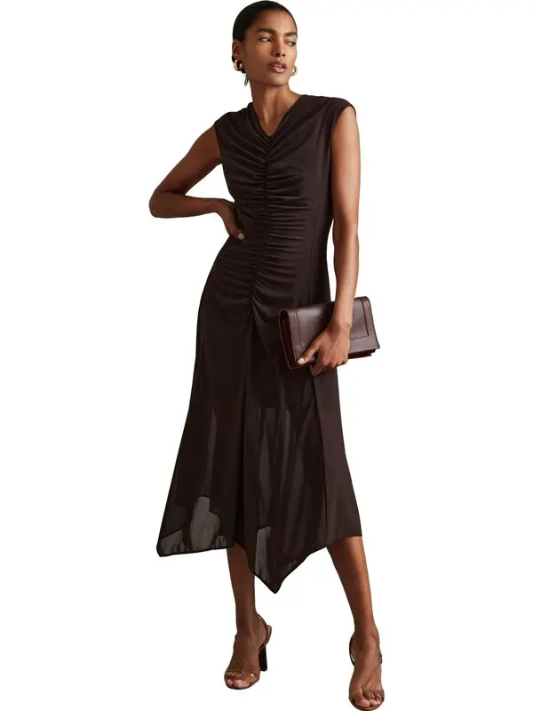 REISS Lyra Mesh Ruched Midi Dress - Chocolate