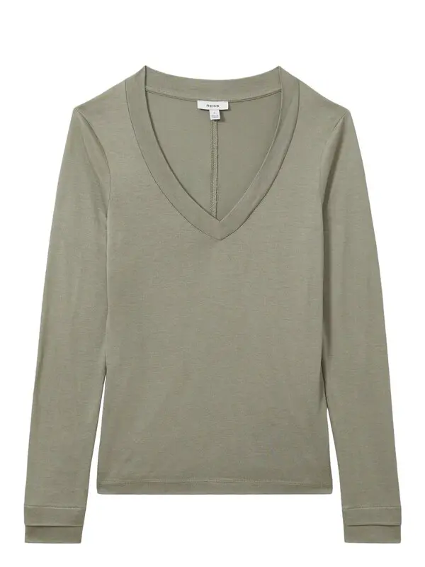 REISS Brady Jersey V-neck Top - Sage
