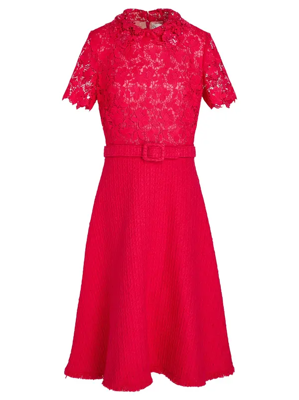 Oscar De La Renta Embellished Lace And Tweed Dress - Papaya