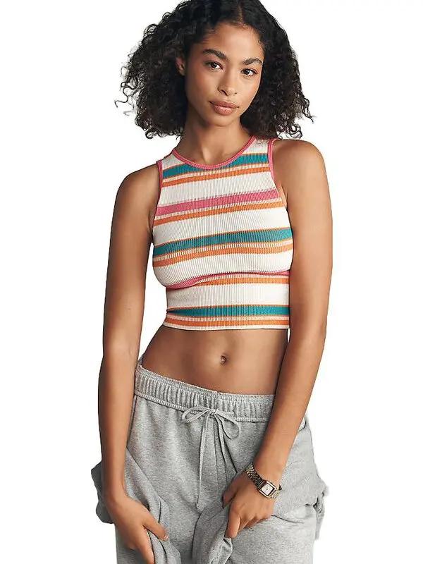 Anthropologie Reegan Crew-neck Crop Racerback Seamless Tank Top: Striped Edition - Orange Stripe
