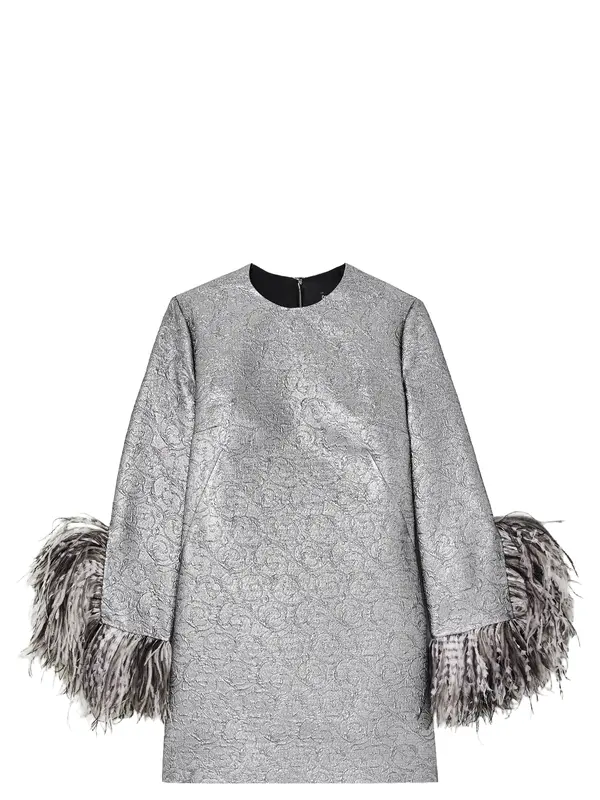 Dolce & Gabbana Feather-trimmed Metallic Jacquard Mini Dress - Silver