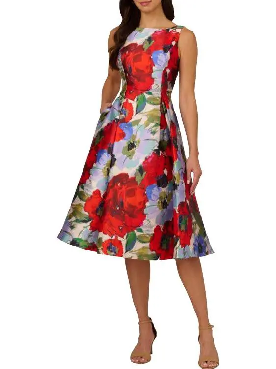 Adrianna Papell Floral Mikado Cocktail Dress - Ivory/ Red Multi