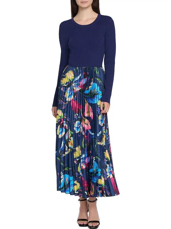 Elie Tahari Maeve Mixed Media Dress - Daphne Blue With Daphne Garden