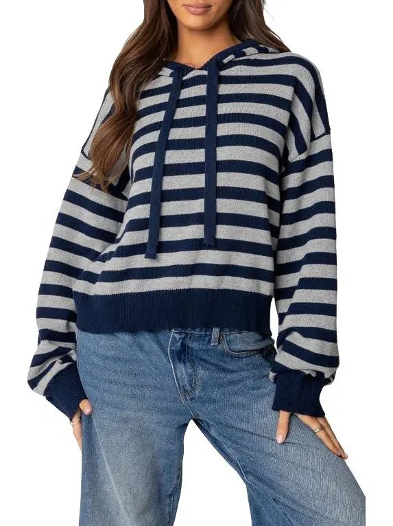 EDIKTED Stripe Hooded Cotton Sweater - Navy