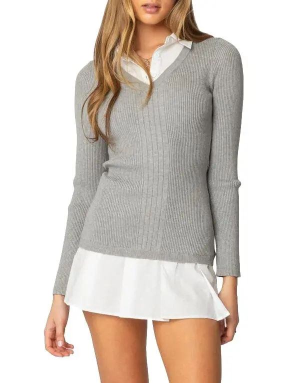 EDIKTED Long Sleeve Layered Mini Sweater Dress - Gray