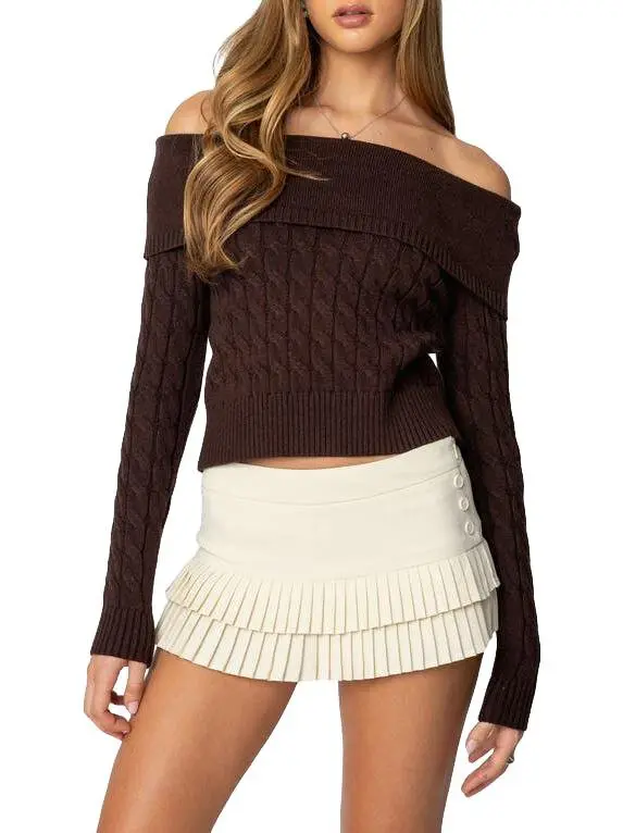 EDIKTED Glenn Off-the-shoulder Crop Sweater - Brown