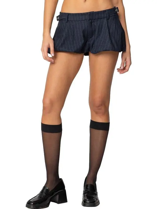 EDIKTED Buckled Pinstripe Bubble Shorts - Navy