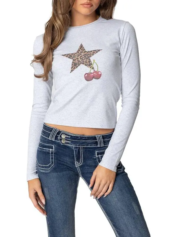 EDIKTED Cherry Leopard Star Long Sleeve Graphic T-shirt - Gray-melange