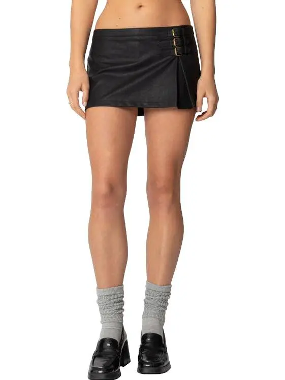 EDIKTED Triple Belt Faux Leather Mini Skirt - Black