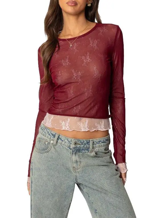 EDIKTED Lacy Mesh Crop Top - Burgundy