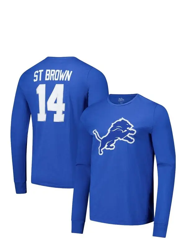 MAJESTIC THREADS Amon-ra St. Brown Detroit Lions Name & Number Long Sleeve T-shirt - Blue