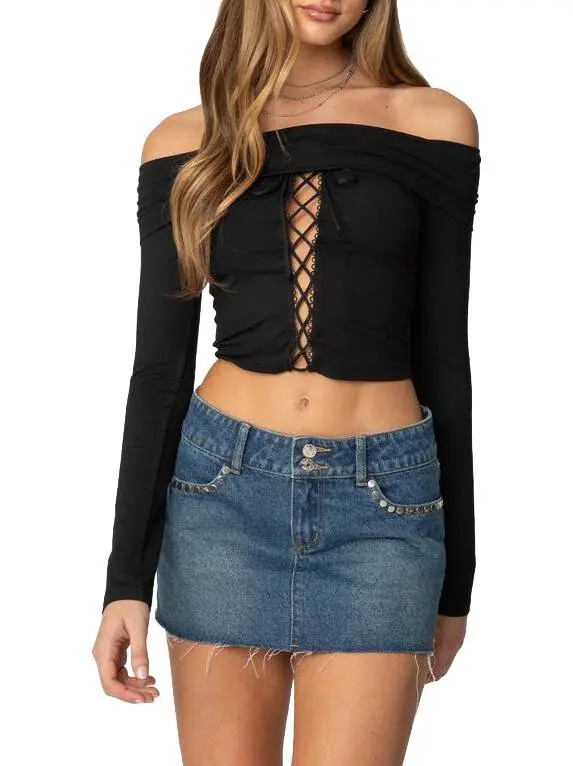 EDIKTED Off The Shoulder Lace Up Crop Top - Black