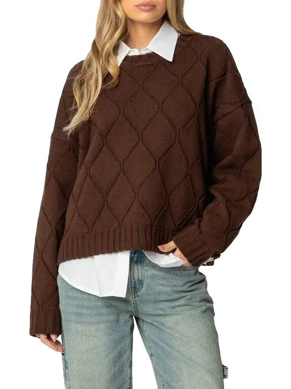 EDIKTED Cass Textured Argyle Oversized Sweater - Brown