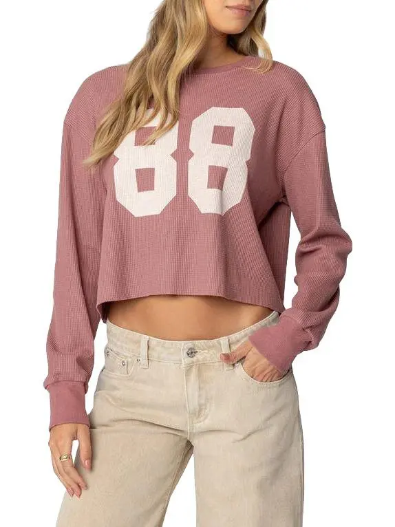 EDIKTED 88 Long Sleeve Waffle Knit Crop Top - Mauve