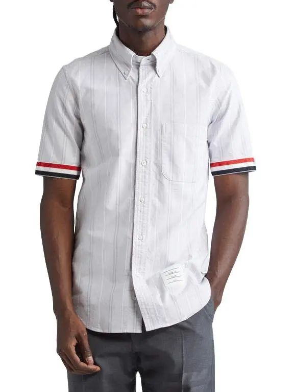 Thom Browne Straight Fit Stripe Short Sleeve Cotton Button-down Shirt - Medium Grey