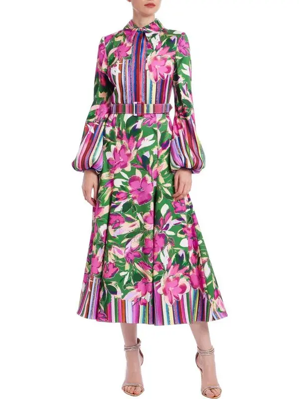 Badgley Mischka Floral & Stripe Print Long Sleeve Cocktail Dress - Emerald Multi
