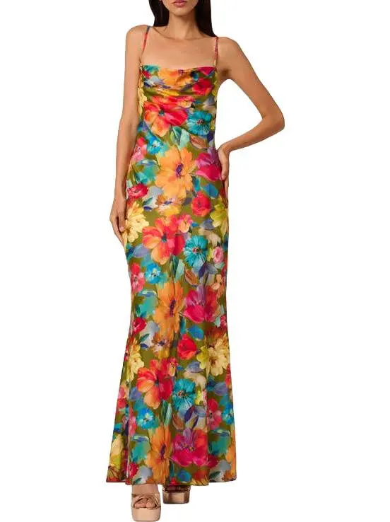 LIV FOSTER Yara Floral Satin Gown - Lime Multi