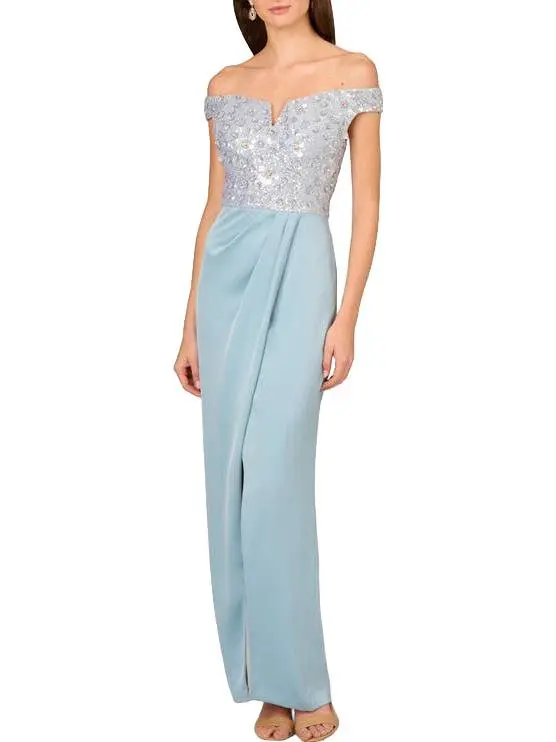 Adrianna Papell Aidan Mattox Beaded Off-the-shoulder Gown - Clear Water