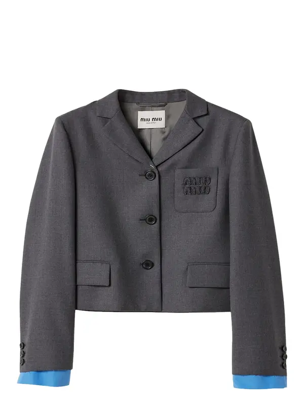 Miu Miu Logo Embroidered Cropped Wool Blazer - Antracite