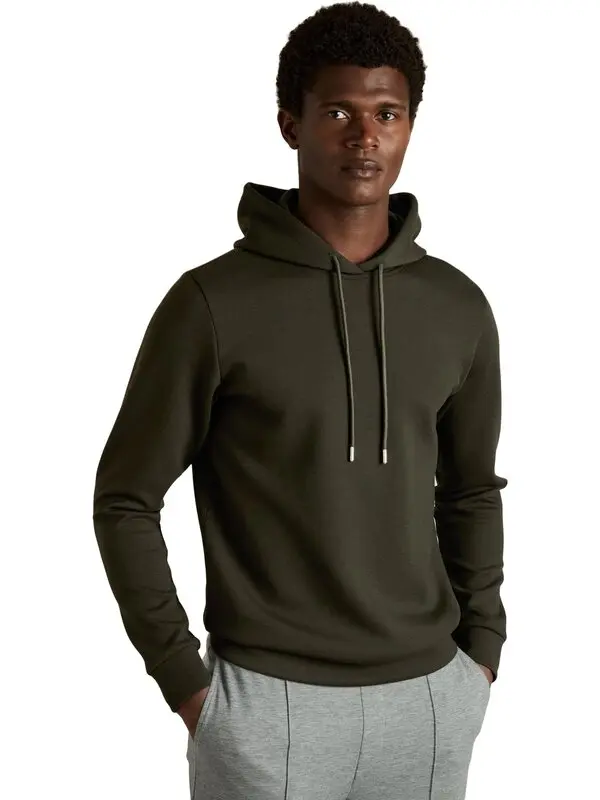 REISS Fabien Interlock Jersey Hoodie - Forest Green