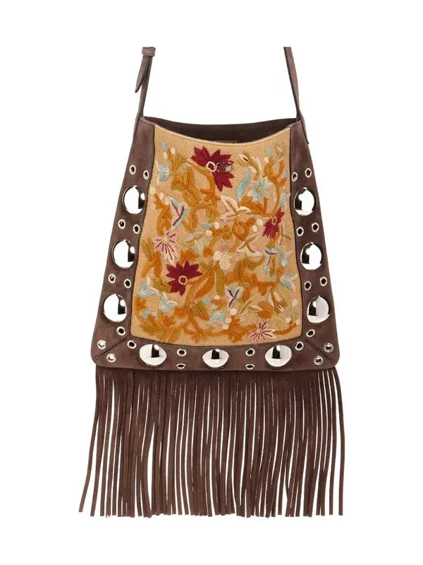Valentino Garavani Nellcôte Fringe Stud Embroidered Crossbody Bag - Brown/ Black
