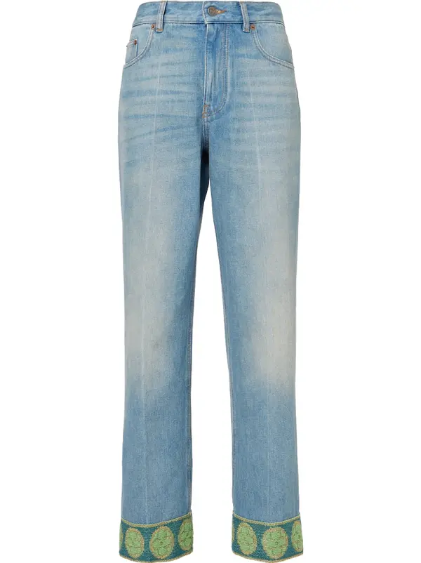 Valentino Garavani Jacquard-trimmed Straight Leg Jeans - Blue