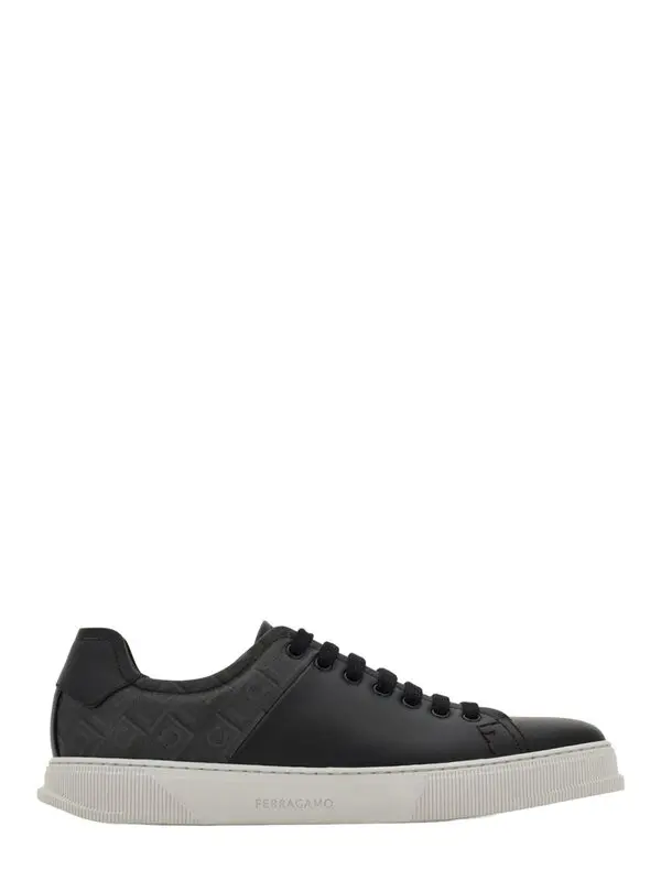 FERRAGAMO Leather And Jacquard Monogram Sneakers - Black