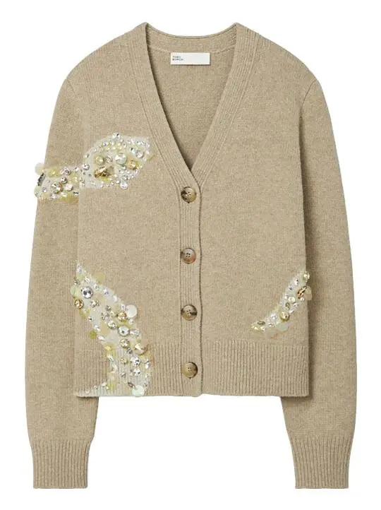 Tory Burch Embellished Snake Cardigan - Oatmeal Melange