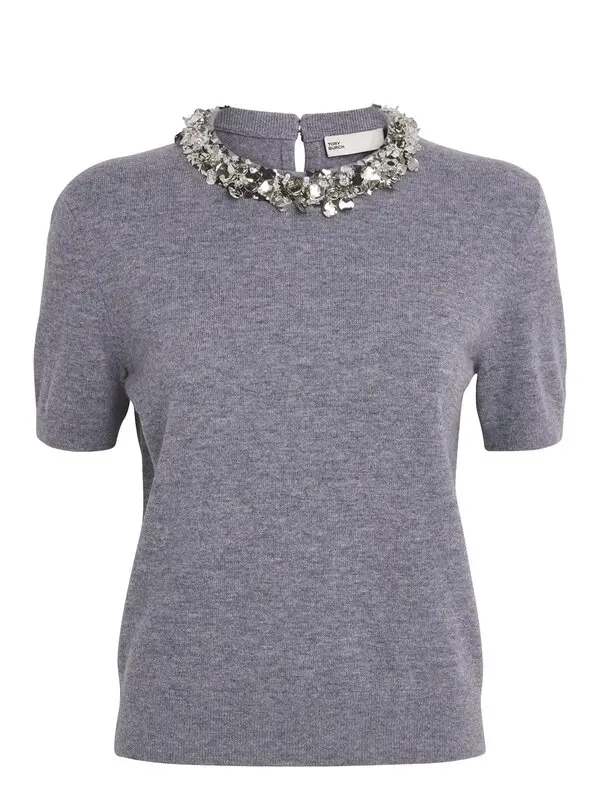 Tory Burch Wool-cashmere Embellished Sweater - Grey