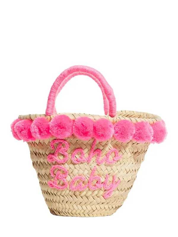 BONITA Woven Basket Bag With Embroidered Detail And Pom-pom Trim - Beige