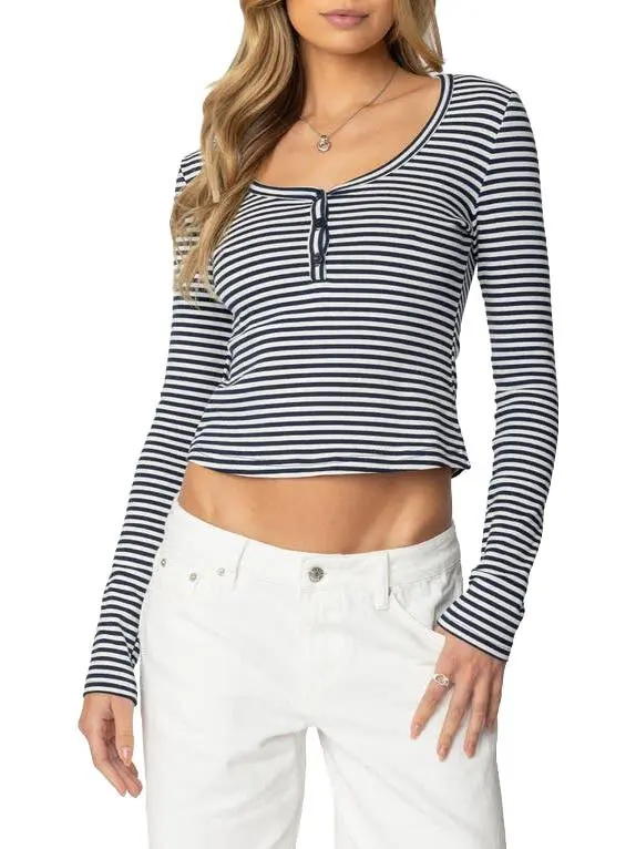 EDIKTED Jocelyn Stripe Cotton Crop Top - Navy