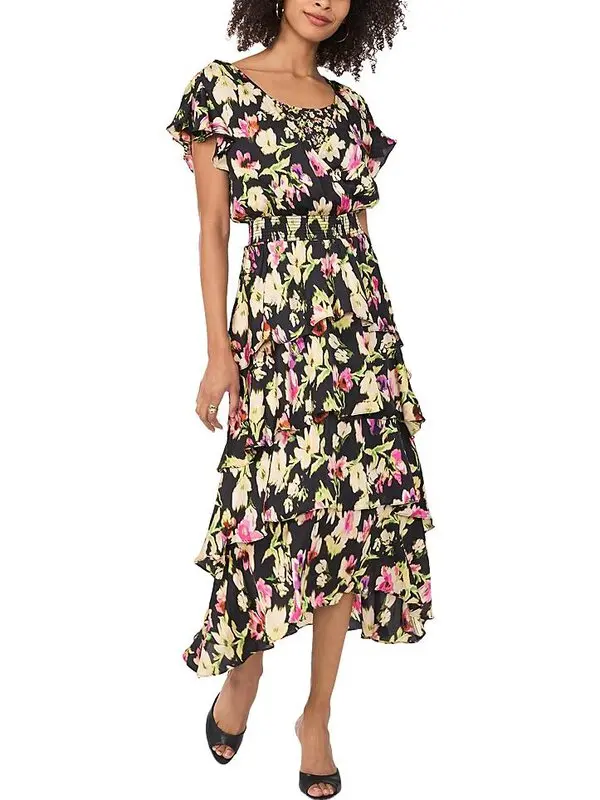 Vince Camuto Floral Crossover Neck Flutter Sleeve Dress - Rich Black