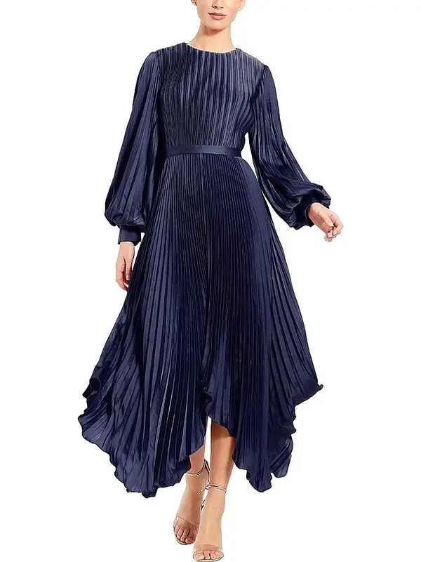 Mac Duggal Long Sleeve Pleated Handkerchief Dress - Midnight