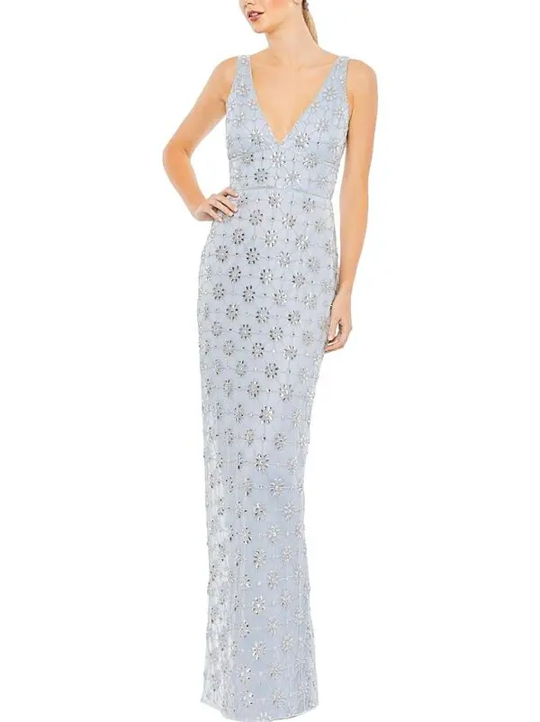 Mac Duggal Embellished Mesh V-neck Gown - Powder Blue