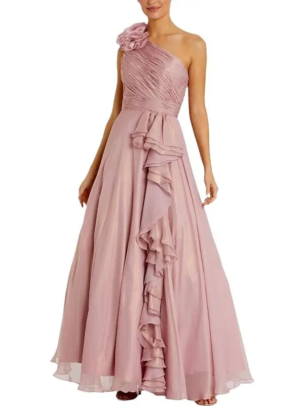 Mac Duggal Iridescent One-shoulder Rosette Ball Gown - Rose Gold