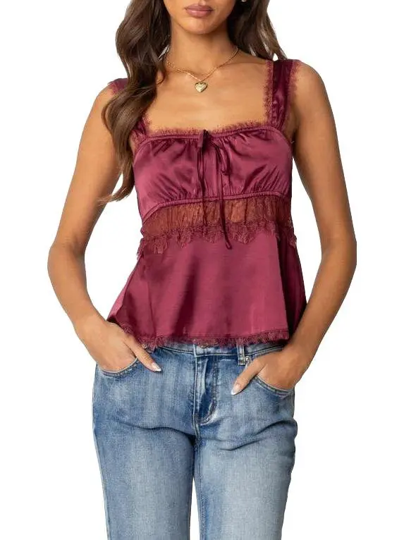 EDIKTED Loryn Lace Satin Top - Burgundy