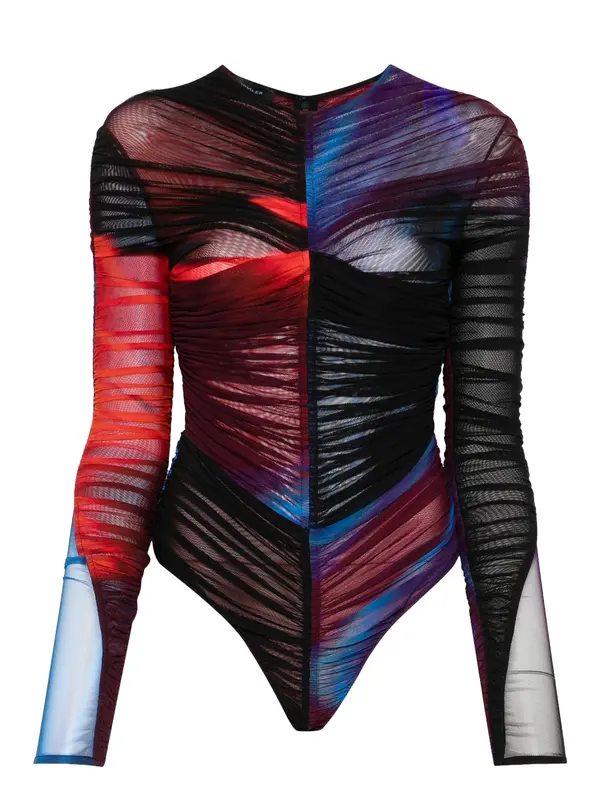 MUGLER Ruched Mesh Bodysuit - Black