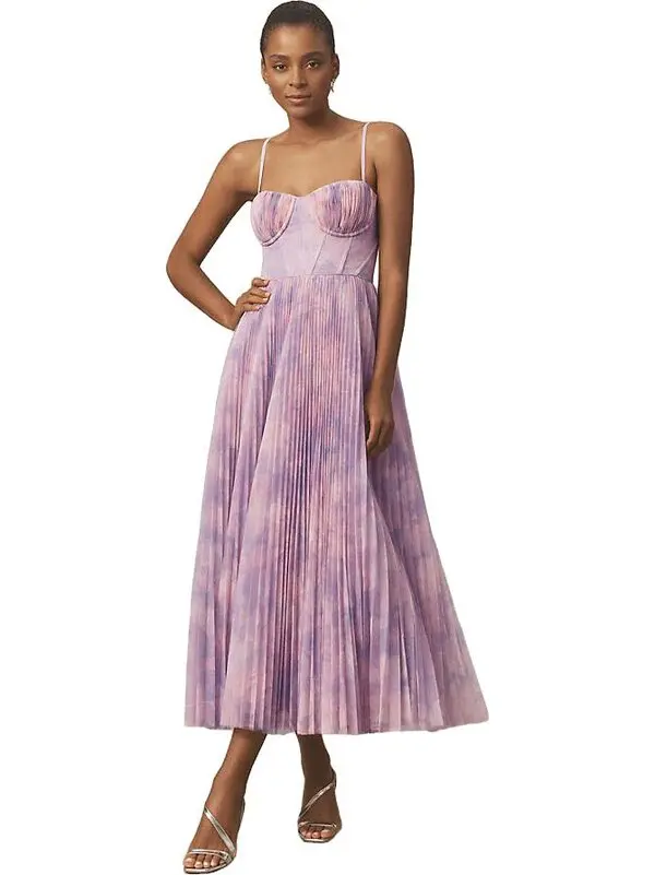 HUTCH Amara Corset Pleated Tulle Fit & Flare Midi Dress - Pink