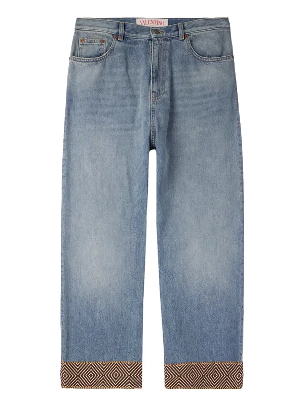 Valentino Garavani Straight-leg Cropped Jeans With Jacquard Trim - Blue