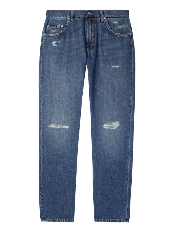 Dolce & Gabbana Straight-leg Distressed Jeans With Logo Appliqu - Blue