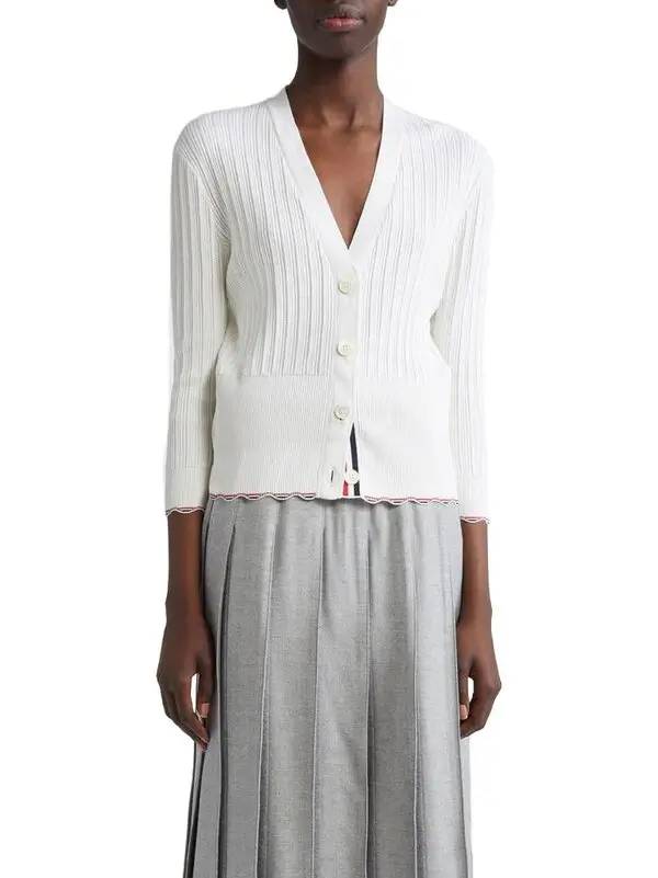 Thom Browne Pointelle & Rib Silk & Cotton Cardigan - White