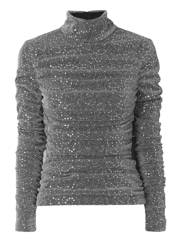 Dolce & Gabbana Ruched Sequin-embellished Lurex Turtleneck Blouse - Silver