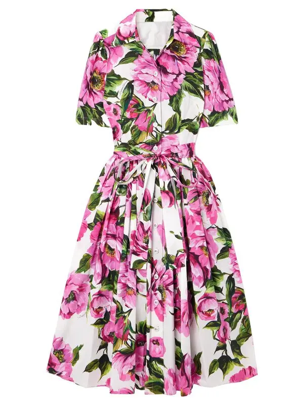 Dolce & Gabbana Belted Floral-print Cotton-poplin Midi Shirt Dress - Pink