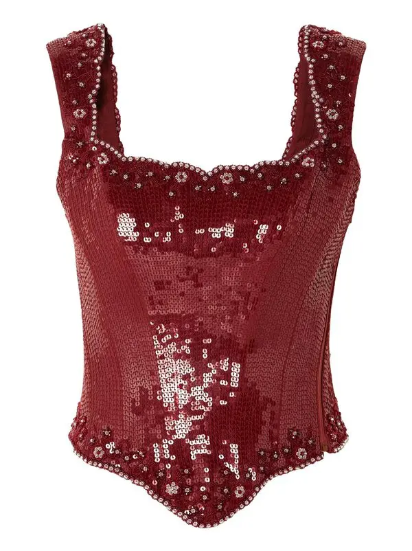 CLIO PEPPIATT Syrah Embellished Tulle Bustier Top - Burgundy