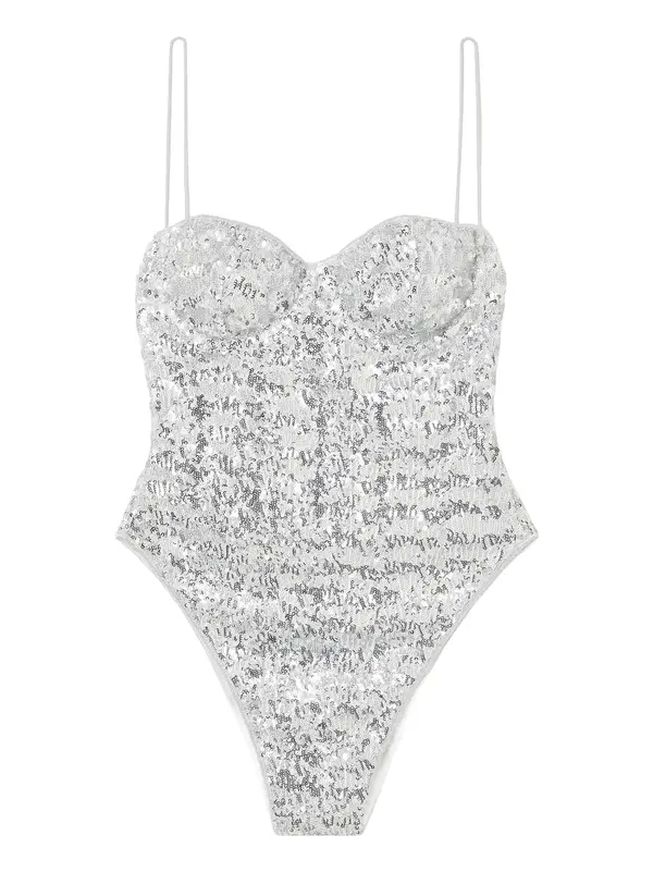 Oseree Sequined Jersey Balconette Bodysuit - Silver