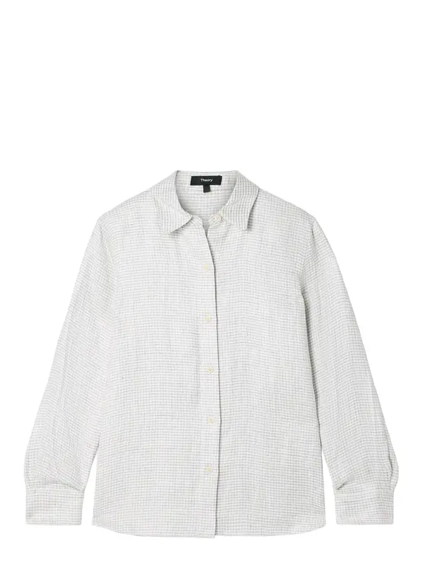 Theory Houndstooth Linen-blend Shirt - Gray